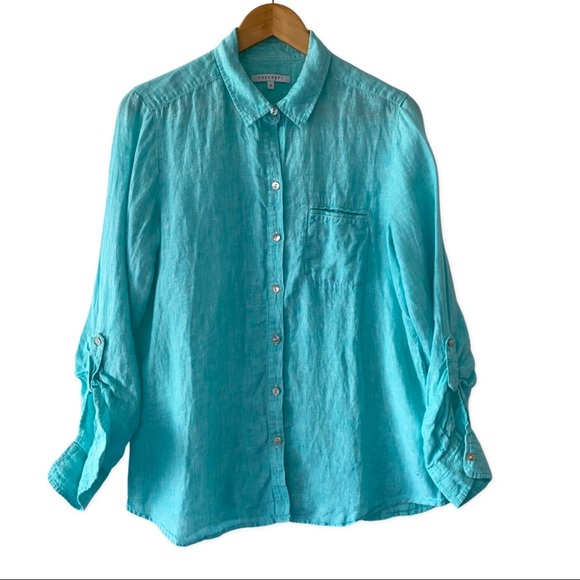Foxcroft | Tops | Foxcroft Teal Button Up Linen Shirt M 98 | Poshmark